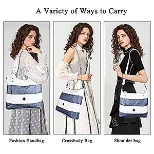 Angel Kiss Hobo Shoulder Purses for Women Large Soft Washed PU Leather Stripe Crossbody Handbags (White/L.Blue)