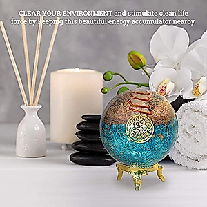 Orgonite Crystal Blue Aquamarine Crystal Ball with Stand for Positive Energy, E-emission Protection and Chakra Balancing –with Flower of Life Symbol to Promote Purpose, Serenity and Courage