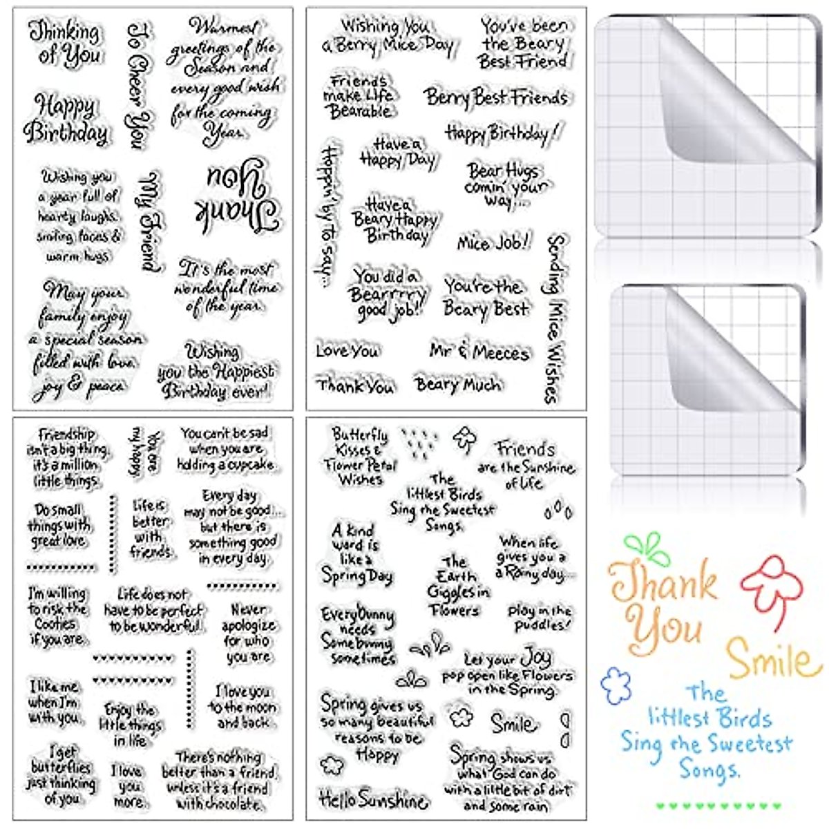 4 Sheets Sentiments Rubber Clear Stamps Set Different Sentiments Rubber Clear Stamp 2 Pieces Acrylic Stamp Blocks Tools with Grid Lines for Holiday Card Making and DIY Scrapbooking Journaling