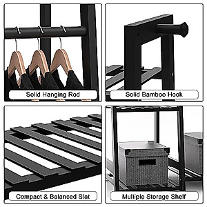 WTZ Clothes Rack, Bamboo Garment Rack with Shelves, Clothing Rack for Hanging Clothes, Freestanding Closet Organizer for Living Room Bedroom Entryway Bathroom Office, CR-538 Black