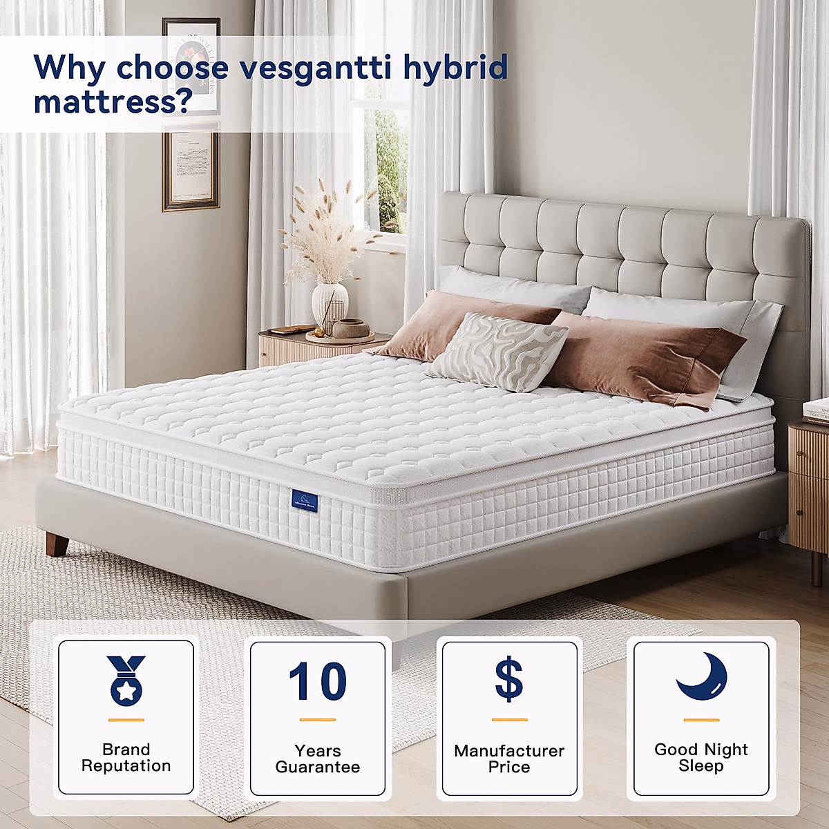 Vesgantti 10 Inch Twin XL Multilayer Hybrid Mattress - Multiple Sizes & Styles Available, Ergonomic Design with Memory Foam and Pocket Spring, Medium Firm Feel, White