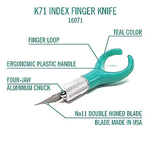 Excel Blades K71 Fingertip Craft Knife - 7 Inch Ergonomic Hobby Knife With Finger Loop - Crafting Supplies - Scrapbooking Knife and Cutting Tool For Precision Cutting and Trimming - Green Teal