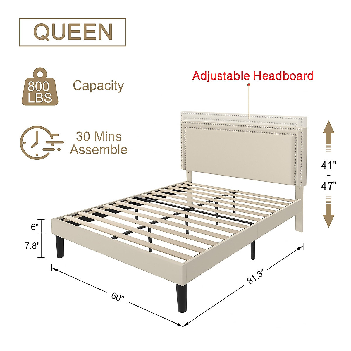VECELO Queen Size Platform Bed Frame with Height Adjustable Upholstered Headboard, Modern Mattress Foundation,Strong Wood Slat Support, No Box Spring Needed, Easy Assembly