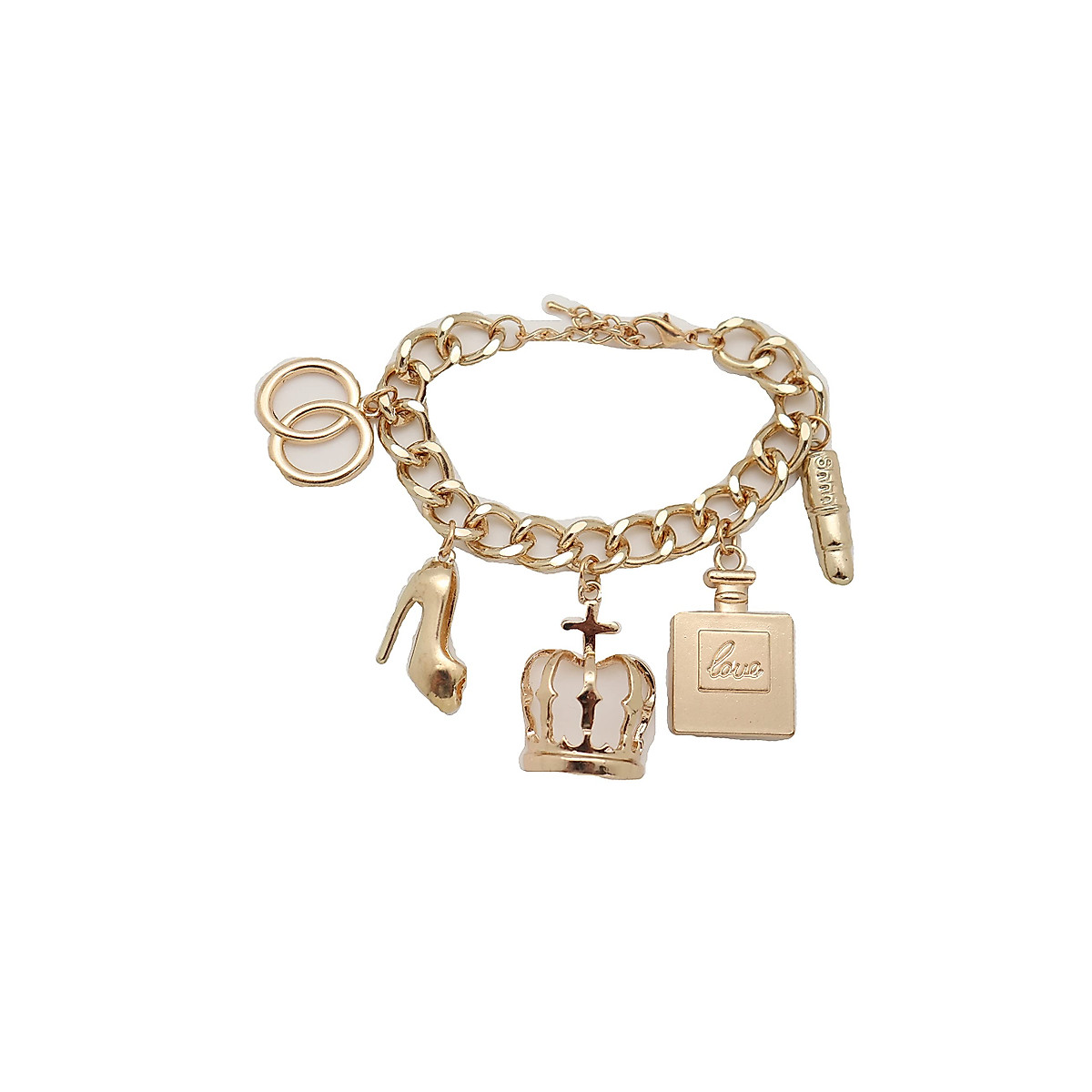 TrendyFashionJewelry Women Gold Queen Crown Bracelet - Metal Chain Fashion Lipstick Perfume Infinity Shoe Charm