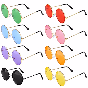 ONESING 8 Pairs Round Hippie Sunglasses Circle Sunglasses for Women John 60 's Style Circle Colored Glasses Disco Party