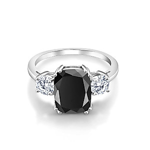 Gem Stone King 925 Sterling Silver Black Onyx and White Moissanite 3 Stone Ring For Women (3.39 Cttw, Cushion Cut 10X8MM, Round 4.5MM, Gemstone, Available In Size 5, 6, 7, 8, 9)
