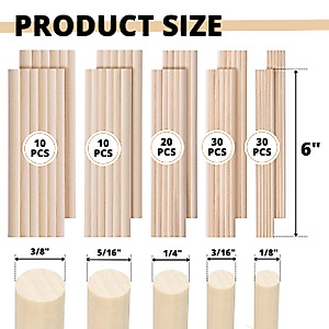 100 PCS Wooden Dowel Rods 6 inch Wood Dowels Assorted Sizes Craft Sticks 1/8 3/16 1/4 5/16 3/8 x 6 Inch Bamboo Sticks Long Bamboo Rods for Crafting