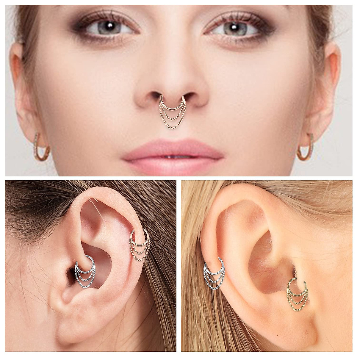Septum Jewelry 16G Septun Rings Silver Daith Earrings Surgical Steel Septum Clicker Chain Nose Ring Rook Earrings Seamless Conch Piercing Jewelry Septum Cartilage Helix Tragus Hoop Earrings 8mm