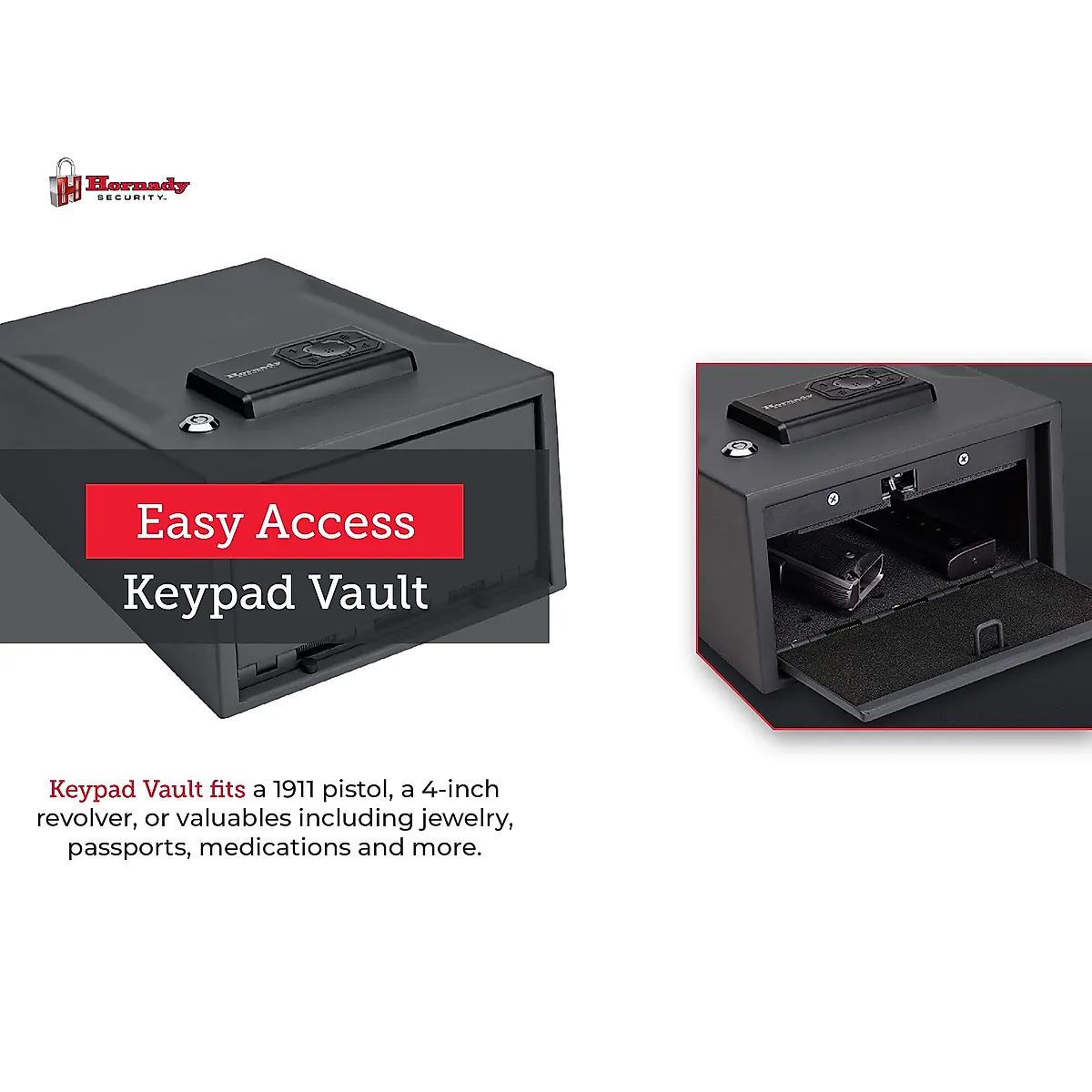 Hornady 1 Gun Keypad Vault Safe with Keypad Entry – Secure Your Firearms and Valuables – 4-6 Keypad Entry, Interior Light and Backup Keys – Black, 12.7 (H) x 9 (W) x 5.25 (D) Inches – Item 95433