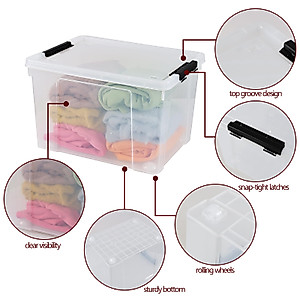 Aninhao 50 Quart Clear Latching Storage Box Bins, 4 Packs, Large Plastic Storage Boxes with Wheels