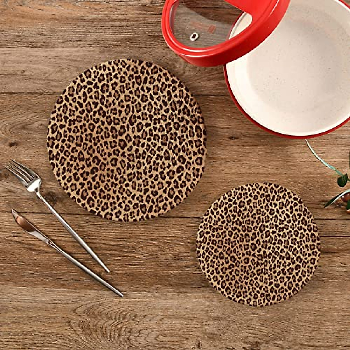Leopard Classic Pattern Trivets Mat for Hot Dishes Pots Pans Potholders Set of 2 Pcs Round Holder Hot Pads for Table Cotton Thread Weave Resistant Kitchen Cooking