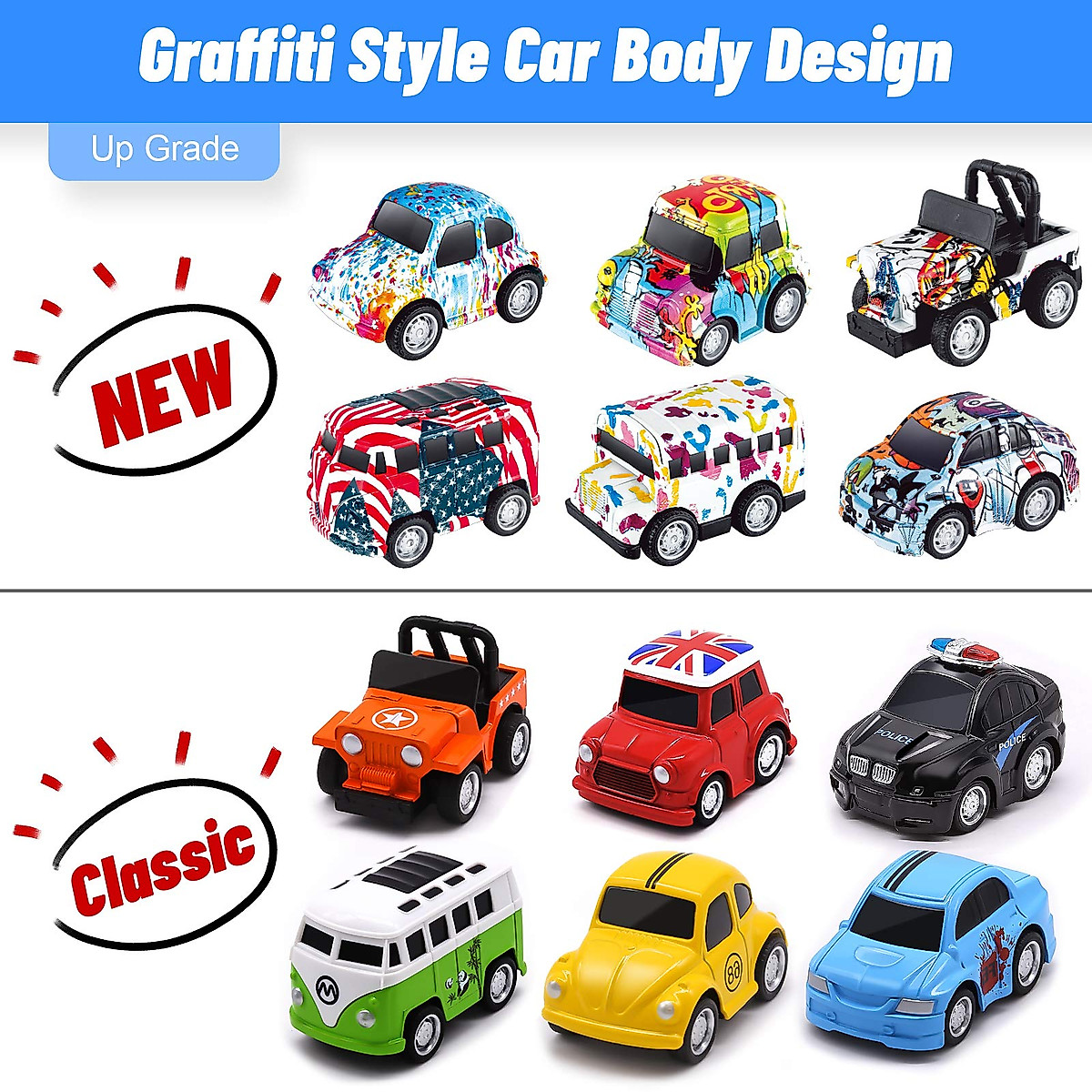 Pull Back Cars, 8 Pack Graffiti Style Metal Friction Powered Die-cast Cars Trucks Playset, Toys Pull Back Vehicles for Kids Boys Girls Toddlers, Toy Cars Party Favors for 3-14 Year Old Children, 8pcs