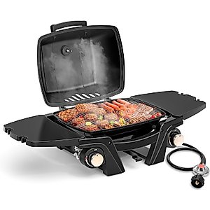 Kukoofyer Gas Grill Portable Propane Grill, Tabletop Grill Propane, 24,000 BTU Outdoor BBQ Grill Camping Grill with Two Burners, Removable Side Tables, Built in Thermometer, Black