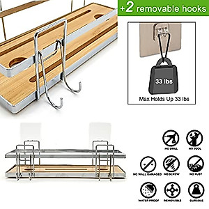 HOBYLIFE Self Adhesive Shower Shelves with Hooks, Wall Mounted Bamboo Shower Caddy, No Drilling Rustproof Bathroom Shower Organizer, 2 Pack- Silver