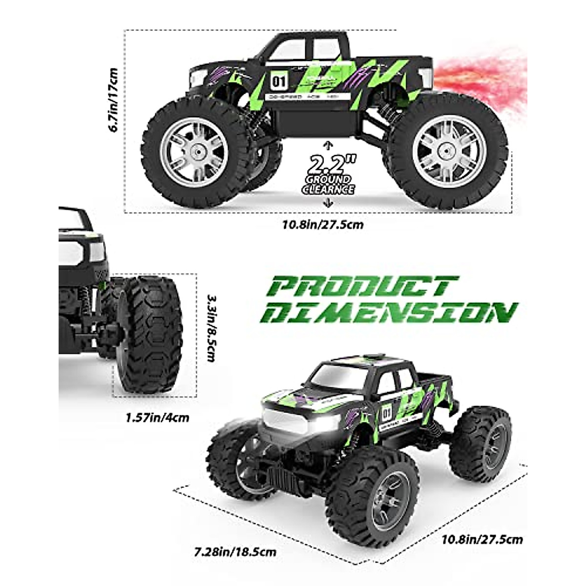 DEERC DE44 Remote Control Monster Truck with Fog Mist, Dual Motors Off Road RC Car, 4WD Rock Crawler with LED Lights, Spray Water Mist, 70+ Min Play, Toy Vehicle for Boys Girls and Adults
