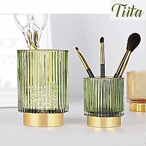 Tiita Glass Makeup Brush Holder Organizer - Crystal Clear Desktop Stationery Storage for Cosmetics, Vintage Style Makeup Brush Cup, Pen and Pencil Holder