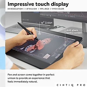 Wacom Cintiq Pro 16 Creative Pen and Touch Display (2021 Version) 4K Graphic Drawing Monitor with 8192 Pen Pressure and 98% Adobe RGB (DTH167K0A), Black