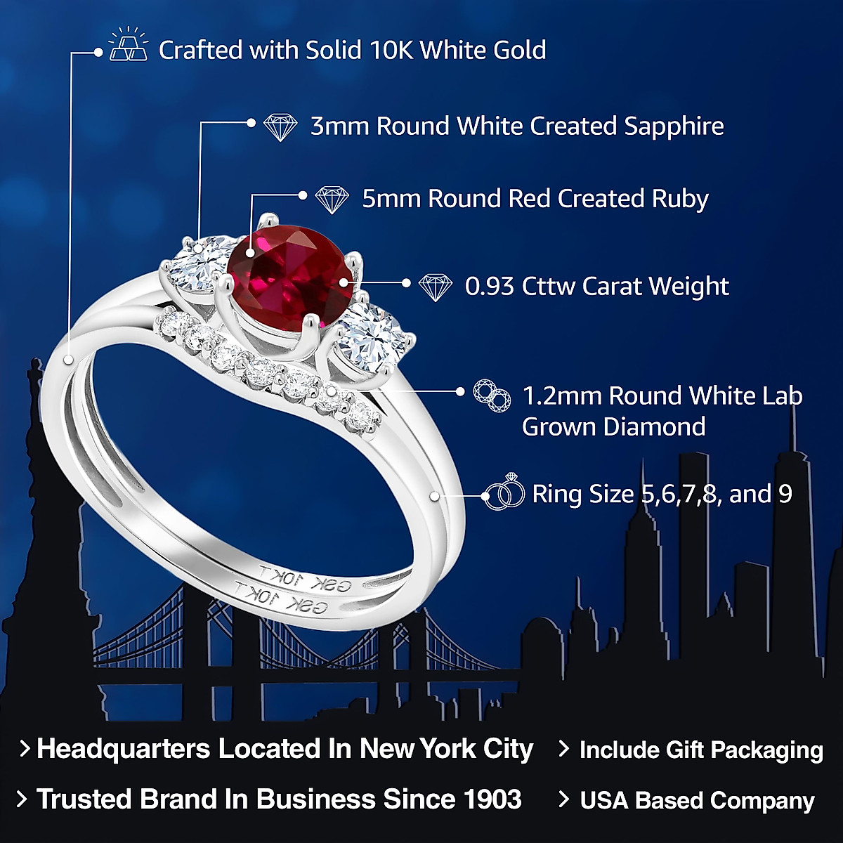 10K White Gold Red Created Ruby and White Created Sapphire and White Lab Grown Diamond 3-Stone Bridal Engagement Wedding Ring Set For Women (0.93 Cttw, Gemstone July Birthstone, Round 5MM, Size 6)