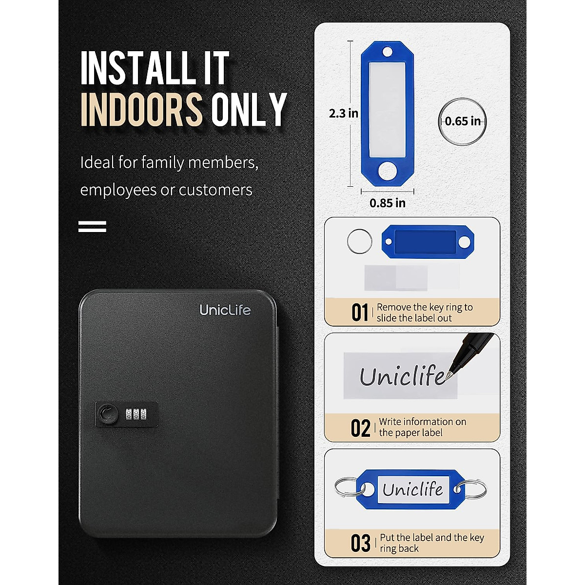 Uniclife 28-Key Steel Key Cabinet with Combination Lock Wall Mounted Key Organizer with Resettable Code Black Digital Security Box with Hooks and Large Key Tag Labels Identifiers in 5 Assorted Colors