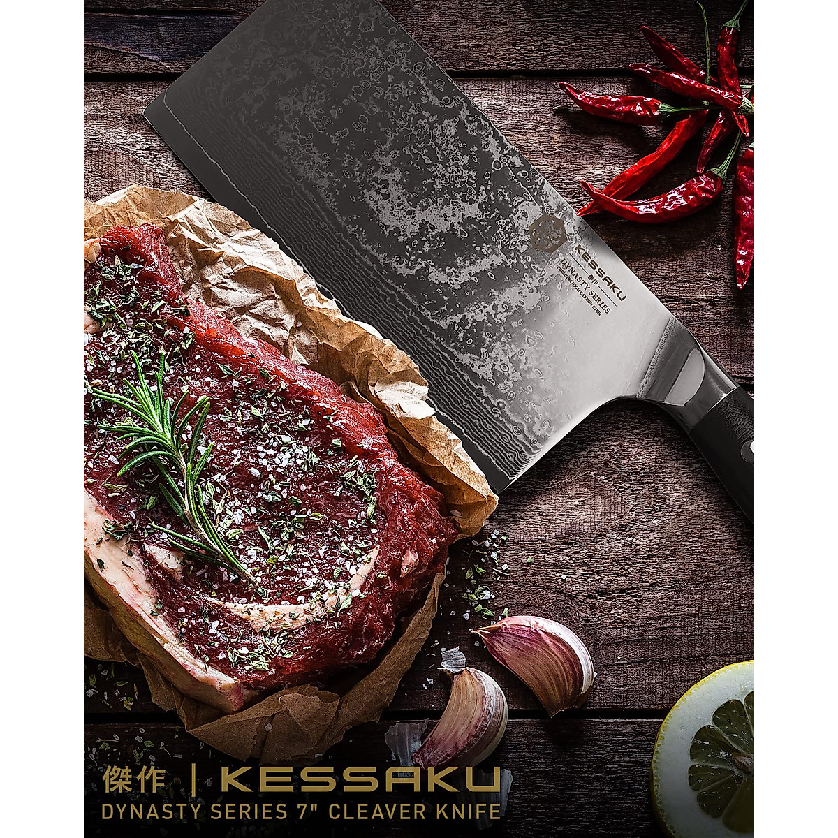 KESSAKU Meat Cleaver Butcher Knife - 7 inch - Damascus Dynasty Series - Heavy Duty - Razor Sharp - Forged 67-Layer Japanese AUS-10V High Carbon Stainless Steel - G10 Garolite Handle with Blade Guard