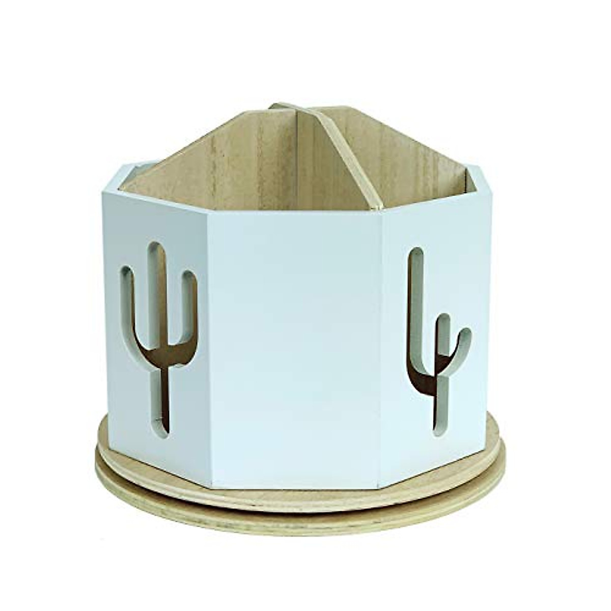 Designstyles Spinning Desktop Stationary Organizer – Decorative Wooden Rotating Pen and Pencil Cup – Desk and Table Top Office Supplies Station (White with Cactus cutout)