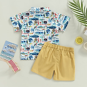 Toddler Boy Summer Clothes Set Button Down Short Sleeve Shirt Elastic Waist Shorts 2Pcs Fashion Boys Outfits (Khaki Shorts Set,12-18 Months)