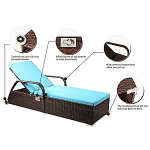 DECMICO Chaise Lounge Chair Set of 3 Outdoor Wicker Patio Furniture, Infinite Position Adjustable Backrest with Removable Cushion and a Glass Table,Ideal for Yard, Garden, and Backyard (Turquoise)