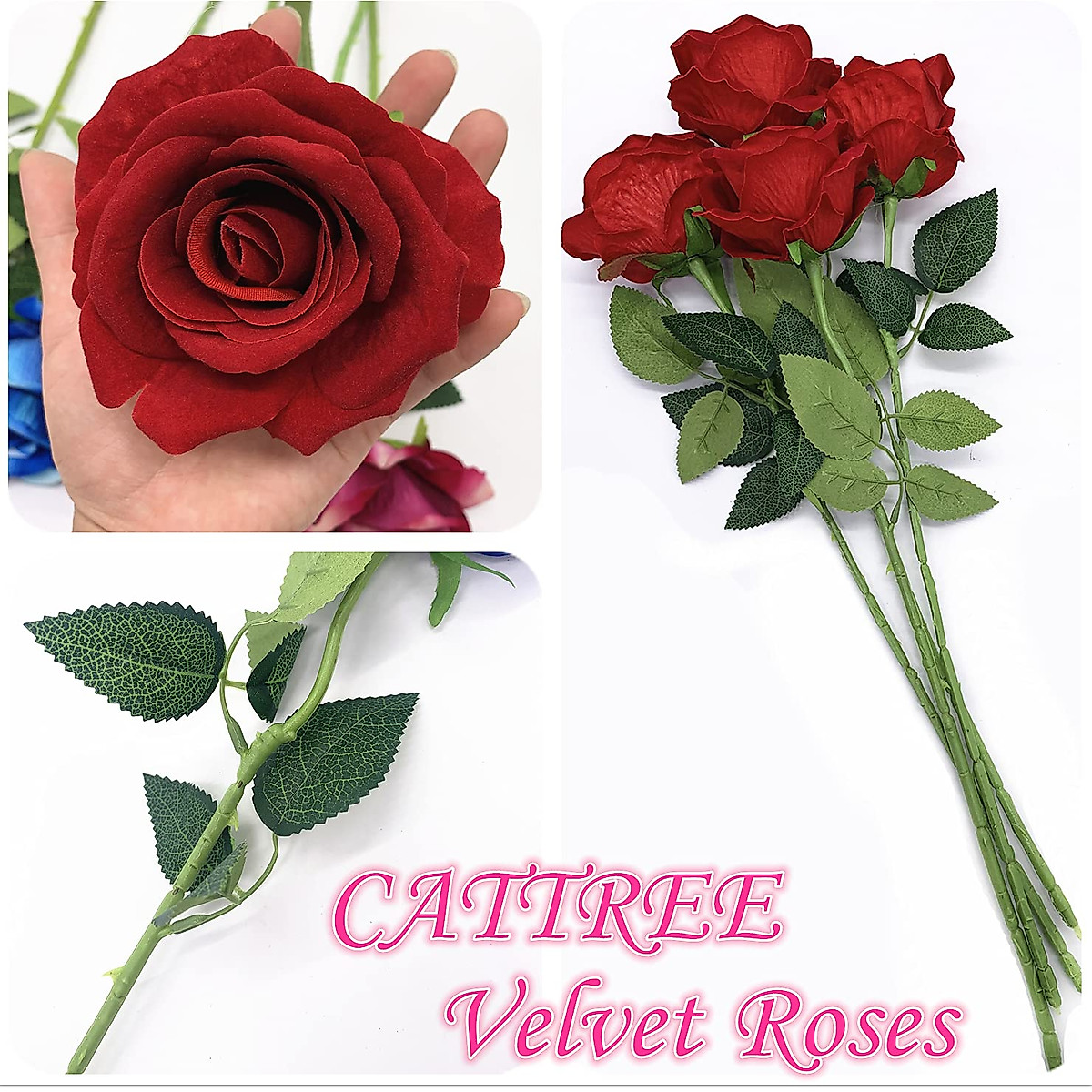 CATTREE Artificial Rose Flower Red - 4 Pack, Single Stem Fake Flowers Bridal Wedding Bouquet Realistic Blossom Flora Planter Filler DIY Décor for Home Garden Party Hotel Office Decorations