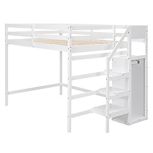 Harper & Bright Designs Full Size Loft Bed with Wardrobe and Staircase, Wooden Full Loft Bed Frame, High Loft Bed for Kids Teens Adults, White
