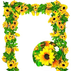 DomeStar 4 Pack Artificial Sunflower Garlands 29 FT Silk Sunflower Vines with Green Leaves, Hanging Flowers Garland for Sunflower Theme Party Fall Wedding Home Decorations