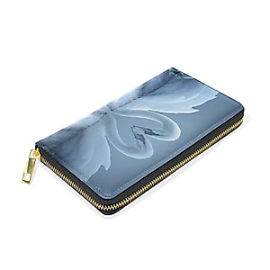 Two Swan Ducks Making Heart Swimming on Water Beautiful Scene Leather Long Wallet Organizer with Zipper Purse Clutch Bag for Women Men
