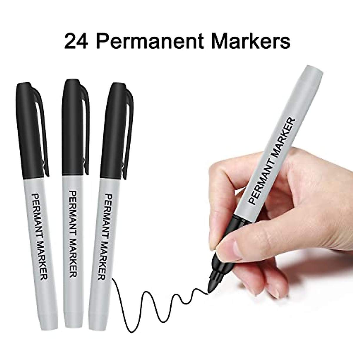 Piochoo Permanent Marker Pens, 24 Counts Black Fine Point Permanent Marker Sets for Writing Doodling Marking Coloring