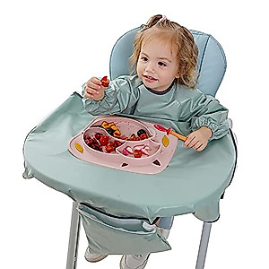 Jarafom Baby Weaning Bibs anti-dirty Highchair Waterproof Long Sleeved Bib Set Stain Odor Resistance Play Smock Apron 6-36 Months (Sleeved Green)