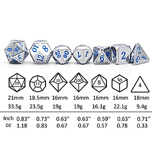Haxtec Metal DND Dice Set Silver W/ Gift Metal Case D&D Polyhedral Dice for Dungeons and Dragons TTRPG-Silver Blue Numbers