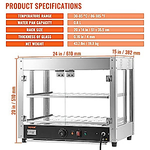 VEVOR Commercial Food Warmer Display, 2 Tiers, 800W Pizza Warmer w/ 3D Heating 3-Color Lighting Bottom Fan, Countertop Pastry Warmer w/Temp Knob & Display 0.6L Water Tray, Stainless Frame Glass Doors