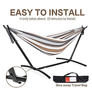 PNAEUT Double Hammock with Space Saving Steel Stand Included 2 Person Heavy Duty Outside Garden Yard Outdoor 450lb Capacity 2 People Standing Hammocks and Portable Carrying Bag (Coffee)