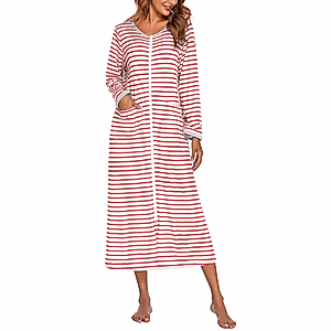 Ekouaer Women Long House Coat Zipper Front Robes Full Length Nightgowns with Pockets Striped Loungewear