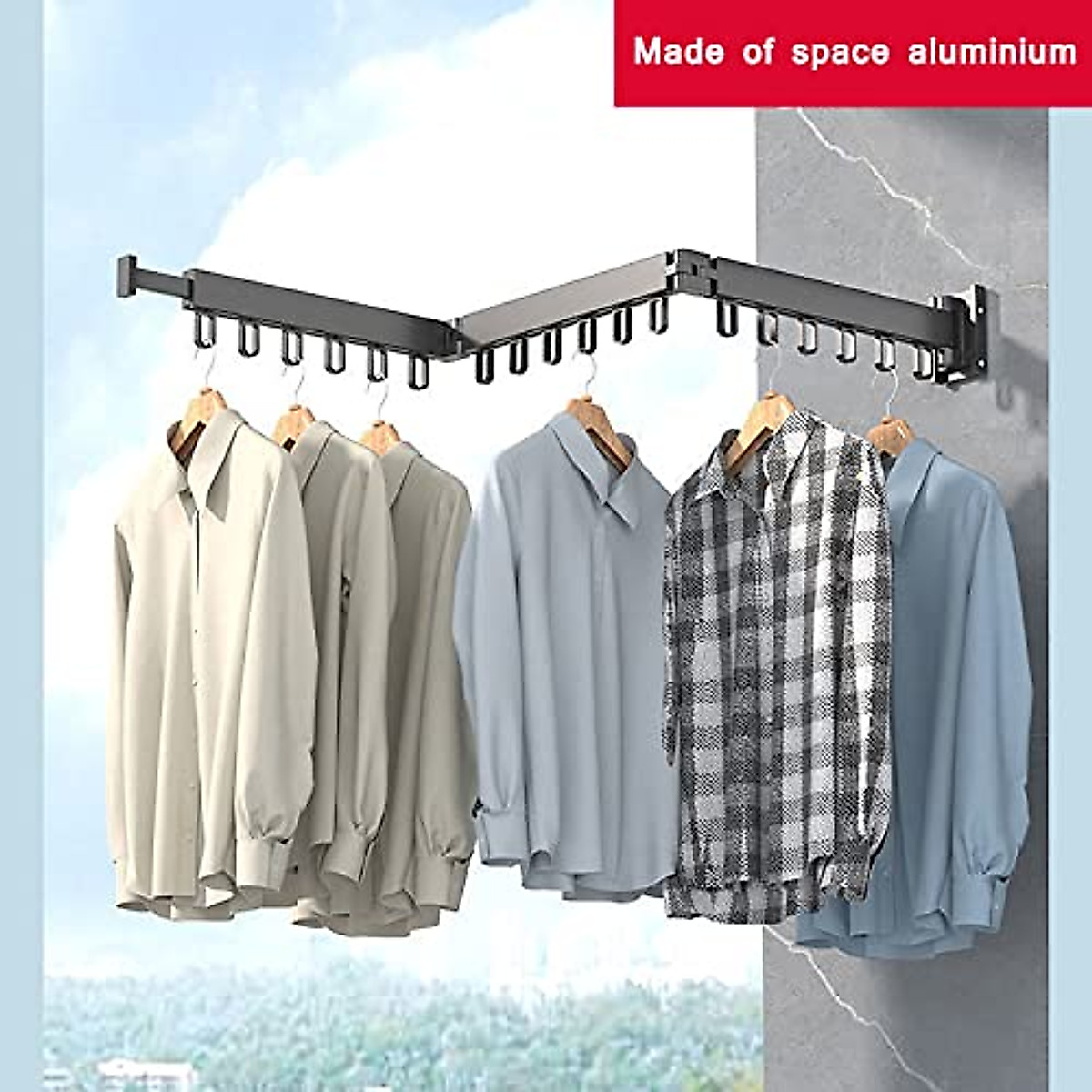 AZHZOLSK Clothes Drying Rack Laundry Space Saver Wall Mounted Retractable & Collapsible(Tri-Fold) Clothes Hanging 18 Windproof Hooks White Color Rack