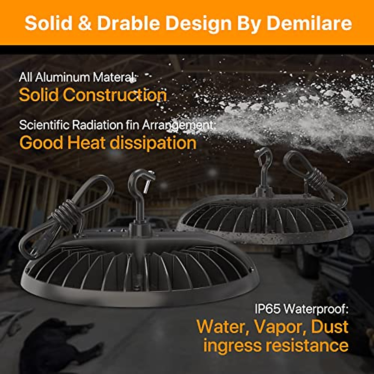 DEMILARE 2 Pack Led High Bay Light 150W, 5000K 22500 lm High Bay Led Shop Lights, IP65 Waterproof UFO High Bay Light 120-277V, Commercail Lighting for Warehouse, Workshop, Garage, Barn