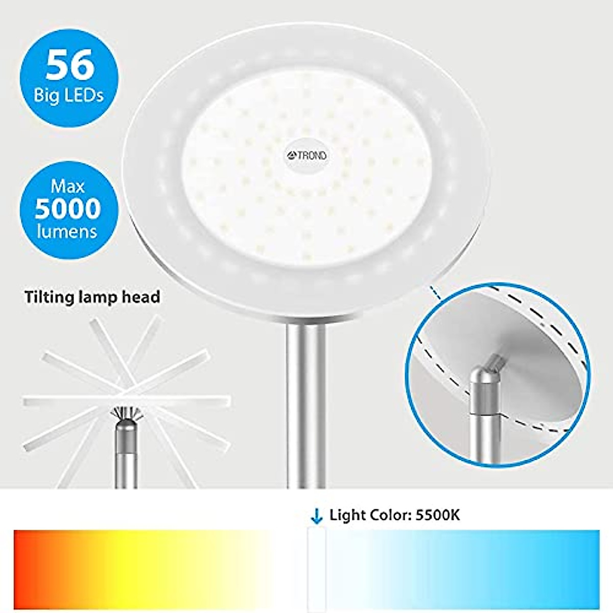 TROND Led Floor Lamp Torchiere Dimmable Floor Lamp 30W, 5500K Natural Daylight(Not Warm Yellow), 5000 lm, 71 in, 30 Minutes Timer, Detachable, Silver