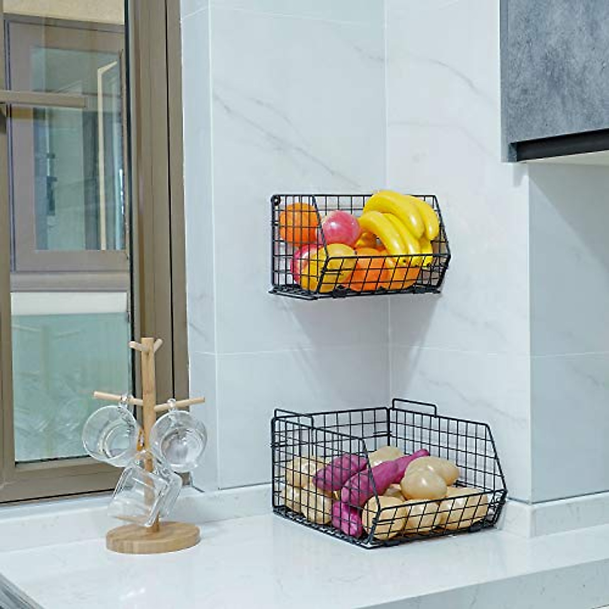 X-cosrack Fruit and Vegetable Basket,2-Tier Wall-mounted & Countertop Tiered Storage Baskets for Potato Onion Storage,Stackable Kitchen Wire Baskets for Fruit Veggies Produce Snack Canned Foods,Black