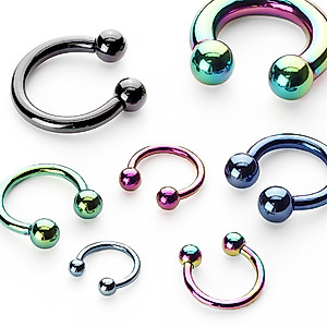 FIFTH CUE Titanium IP Over 316L Surgical Steel Circular Horseshoe Barbells (Black | 10GA | 1/2"-12mm w/6mm Balls)