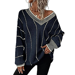 Dokotoo Women Sweater Casual Striped Tunic Long Sleeve Cute Oversized V Neck Knitted Pullover Sweaters for Women Blue X-Large