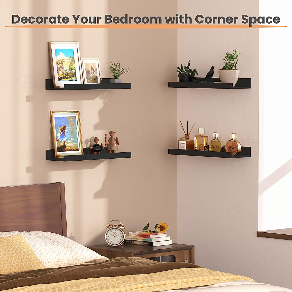 upsimples Floating Shelves for Wall, Wall Shelves for Decor Storage Set of 6, Wall Mounted Wood Shelves for Bedroom, Living Room, Bathroom, Kitchen, Picture Ledge Shelves, Black