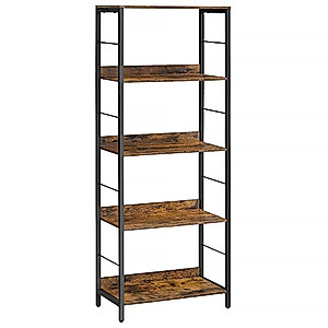 VASAGLE 5-Tier Bookshelf, Bookcase for Office, 11.8 x 23.6 x 56.7 Inches, Shelving Unit, with Back Panels, Industrial Style, for Living Room, Study, Home Office, Rustic Brown and Black ULLS117B01