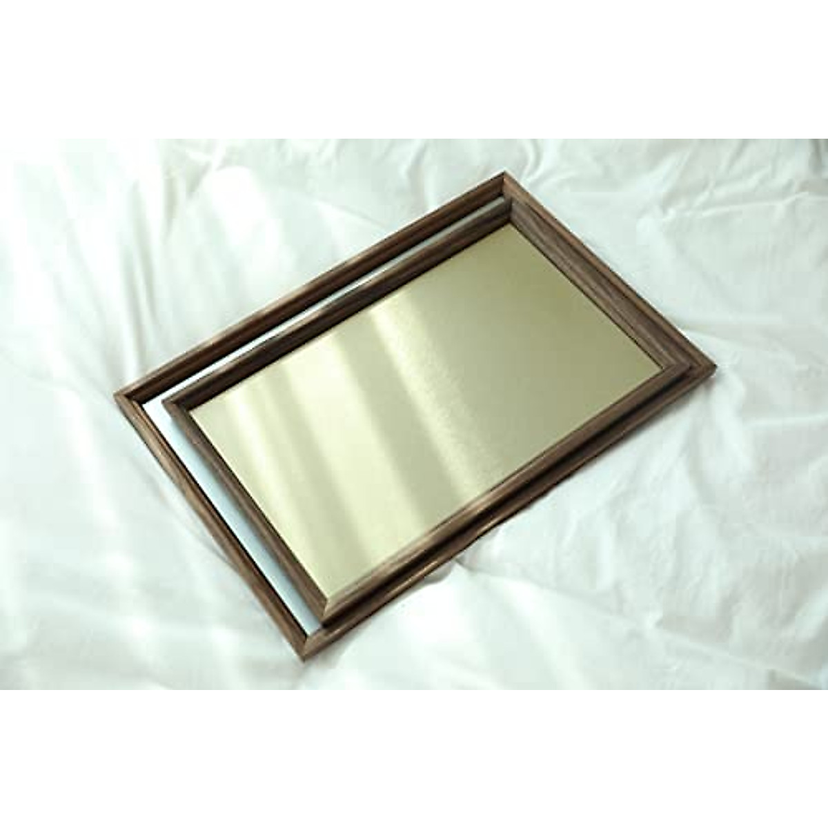 Vernox Large Serving Tray with Stainless Steel for Food, Rectangular Tray Platter with Walnut Wood Frame for Coffee Table, Kitchen, Party - Silver Color (Large)