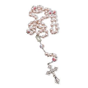 Nazareth Store Pink Pearl Beads Rosary White Flowers Beaded Necklace Lourdes Medal & Cross Crucifix