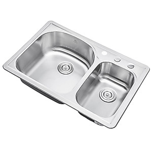 CozyBlock 33 x 22 x 8 Inch 70/30 Offset Top-mount/Drop-in Stainless Steel Double Bowl Kitchen Sink with Strainer and Protective Bottom Grid - 18 Gauge Stainless Steel-3 Faucet Hole