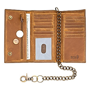 RFID Blocking Mens Tri-fold Long Style Cowhide Leather Chain Wallet Designed in the USA (vintage Brown)