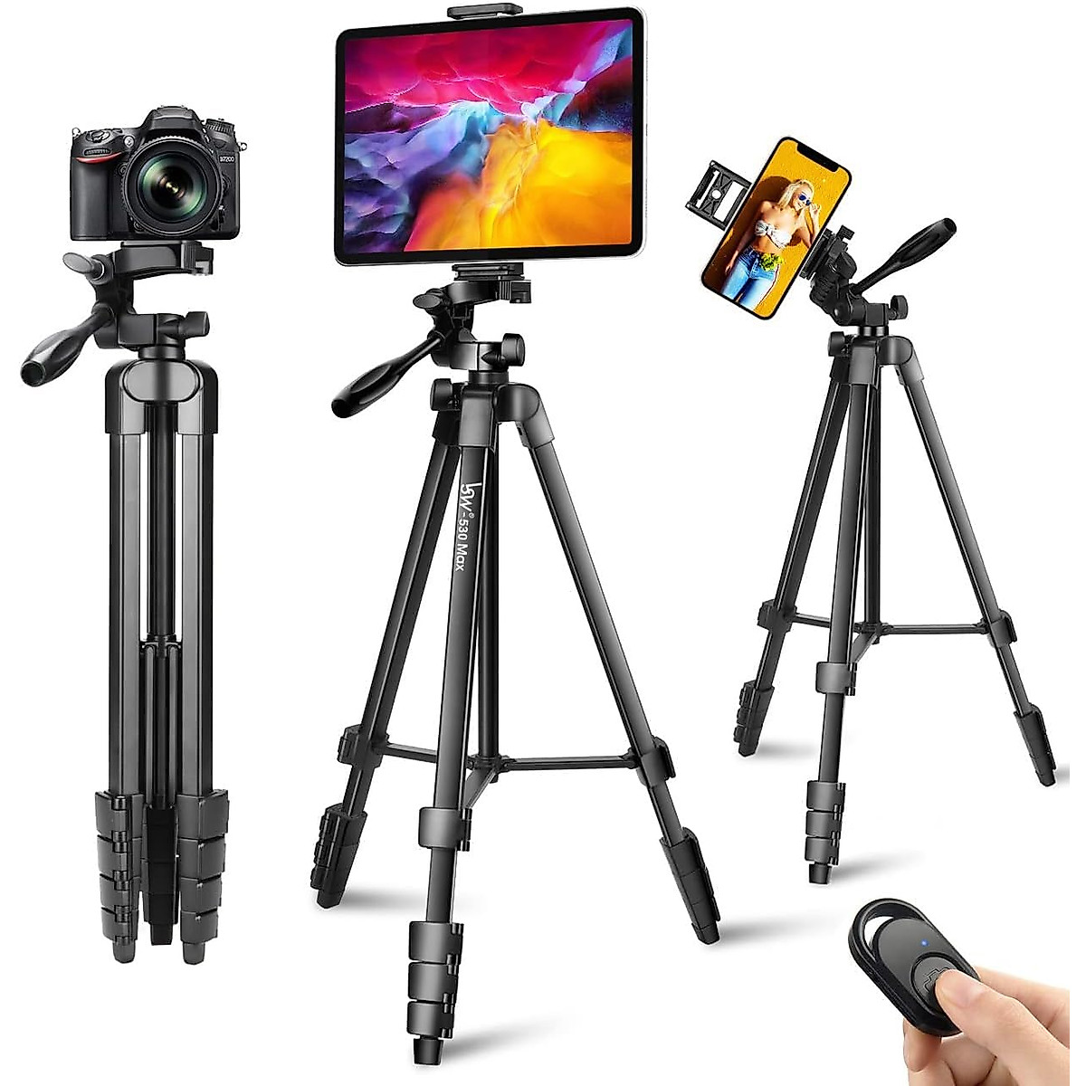 Lusweimi 72-Inch Tripod for ipad iPhone, Camera Tripod for Phone with 2 in 1 Tripod Mount Holder for Cell Phone/Tablet/Webcam/Gopro, Tripod with Carry Bag and Wireless Remote for Photography/Video